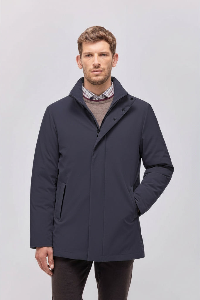 Padded parka with stand collar in techno nylon stretch