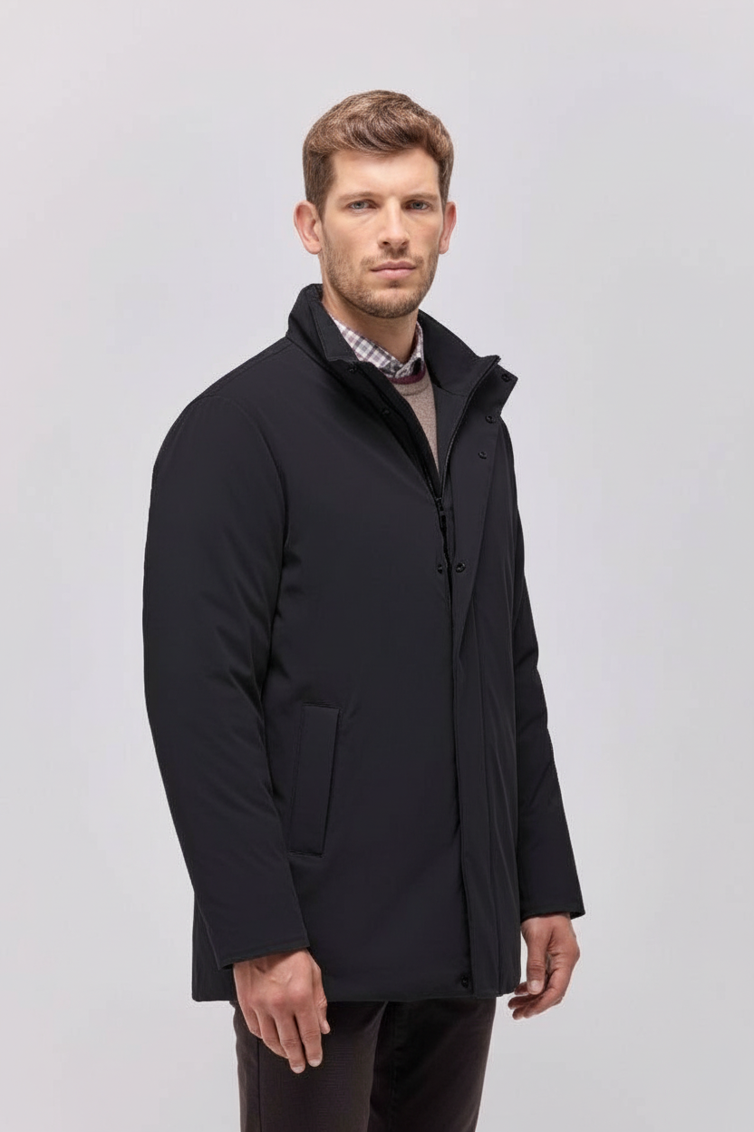 Padded parka with stand collar in techno nylon stretch